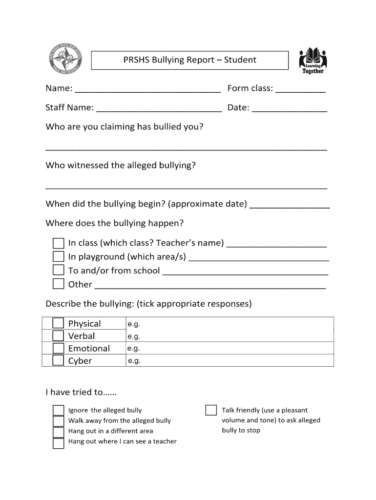 Fillable Online parkridgeshs eq edu 2013-student-bullying-report - Park ...