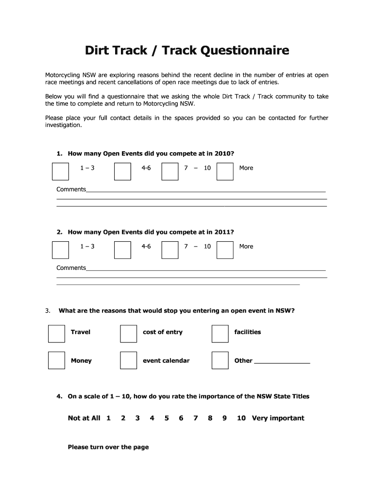Fillable Online Dirt Track Track Questionnaire - Omni Sports Management ...