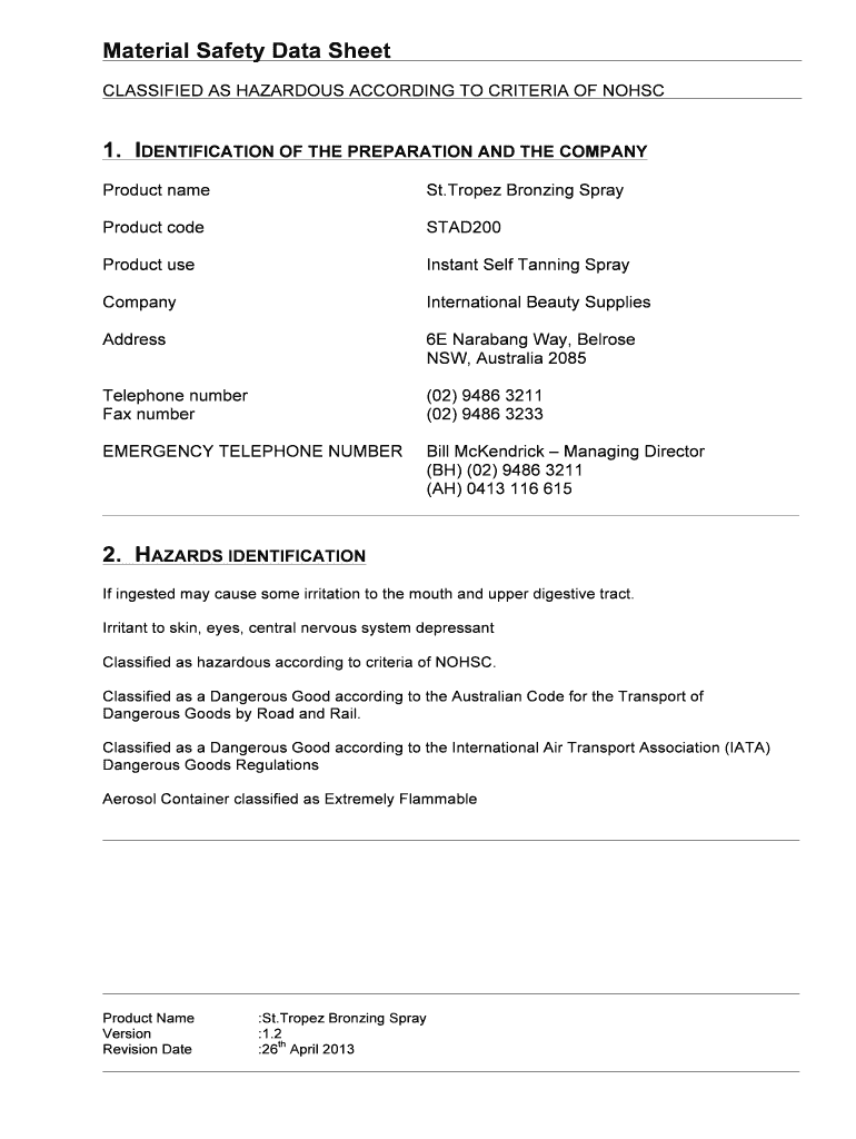 Fillable Online MSDS ST TROPEZ BRONZING SPRAY 200ML Fax Email Print - pdfFiller
