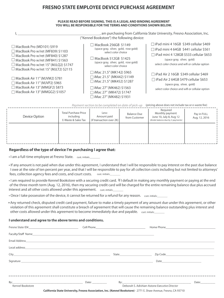 Fillable Online FRESNO STATE EMPLOYEE DEVICE PURCHASE AGREEMENT Fax ...