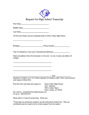 Fillable Online chinovalley cvhs schooldesk Request for High School ...