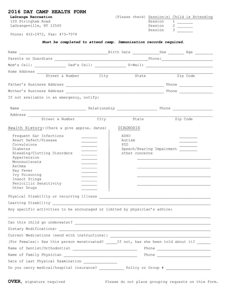 Fillable Online 2016 DAY CAMP HEALTH FORM - lagrangenygov Fax Email ...
