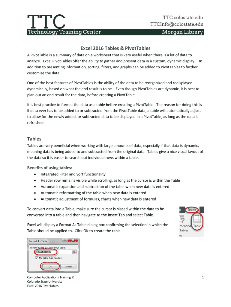Fillable Online A PivotTable is a summary of data on a worksheet that ...