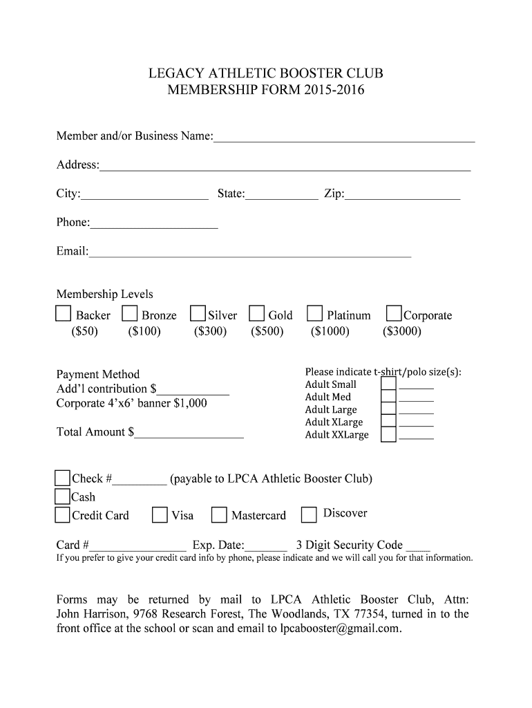 Fillable Online legacypca LEGACY ATHLETIC BOOSTER CLUB MEMBERSHIP FORM ...