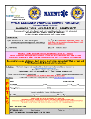 Fillable Online capitalhealth EMS EDUCATION PHTLS COMBINED PROVIDER ...