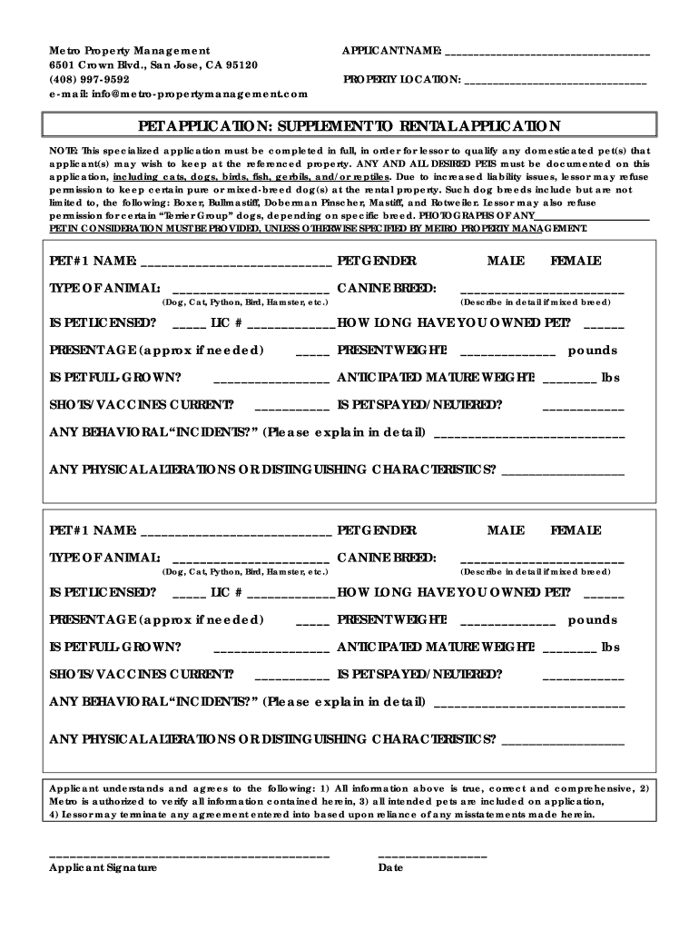 Fillable Online PET APPLICATION SUPPLEMENT TO RENTAL APPLICATION Fax ...