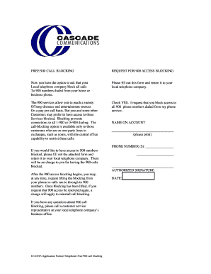 Fillable Online REQUEST FOR 900 ACCESS BLOCKING NAME ON ACCOUNT PHONE ...