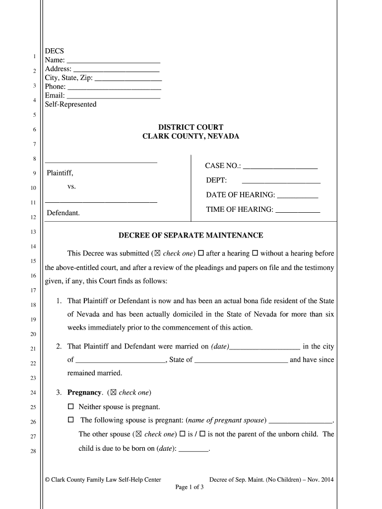 Fillable Online DISTRICT COURT CLARK COUNTY NEVADA DECREE OF SEPARATE ...