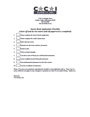 Fillable Online Surety Bond Application Checklist check off and do not ...