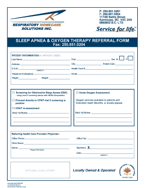 Fillable Online SLEEP APNEA amp OXYGEN THERAPY REFERRAL FORM Fax 250851 ...