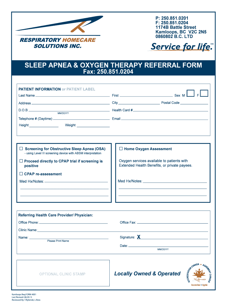Fillable Online SLEEP APNEA amp OXYGEN THERAPY REFERRAL FORM Fax 250851 ...