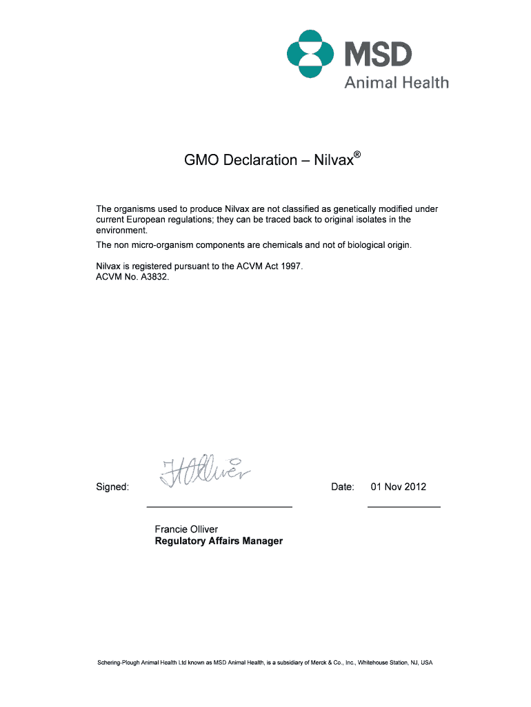 Fillable Online msd-animal-health co GMO Declaration Nilvax - MSD Animal Health New Zealand ...
