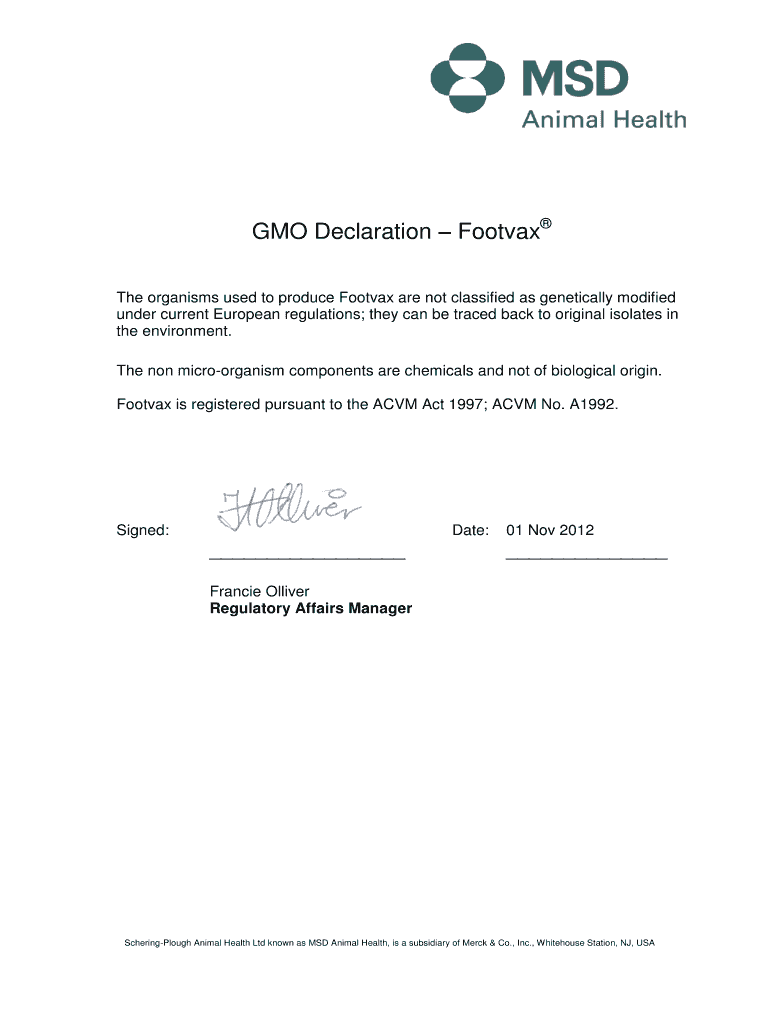 Fillable Online msd-animal-health co GMO Declaration Footvax - MSD ...