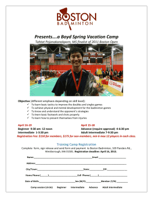 Fillable Online Presentsa Boyd Spring Vacation Camp - Boston Badminton ...