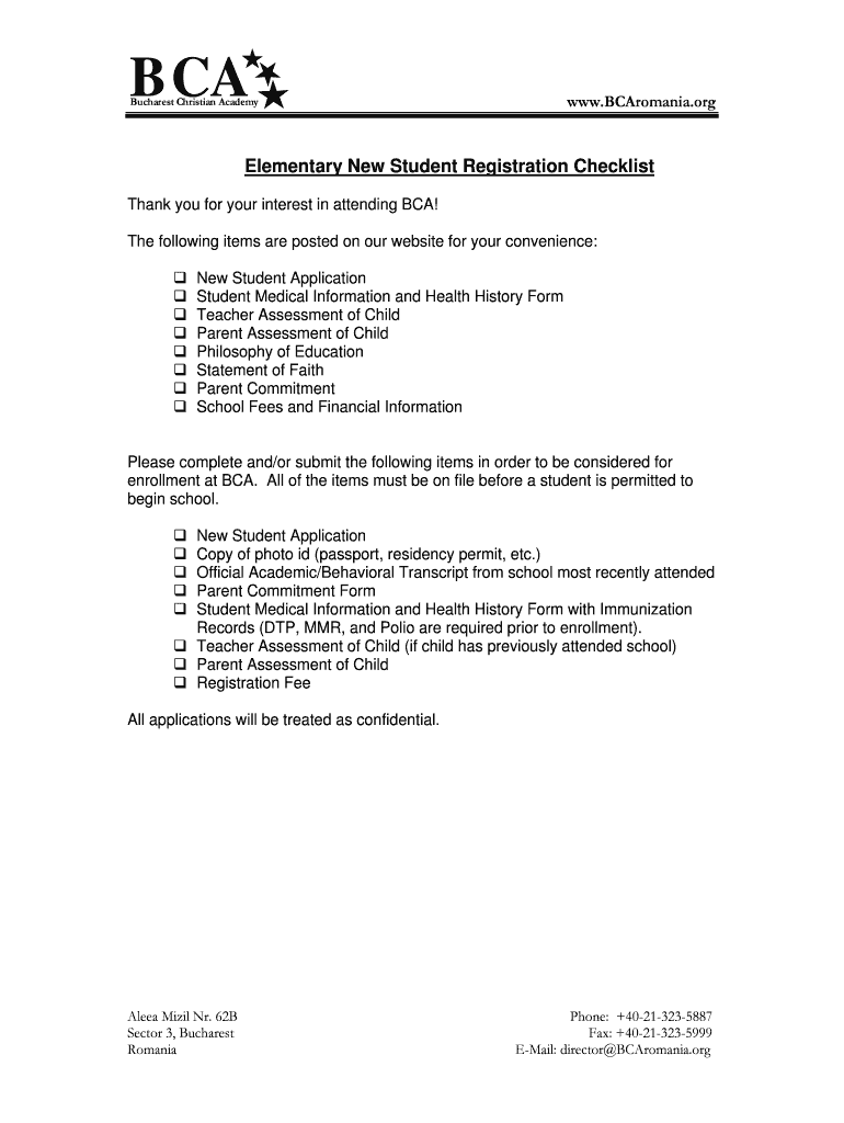 Fillable Online bcaromania Elementary New Student Registration Checklist Fax Email Print - pdfFiller