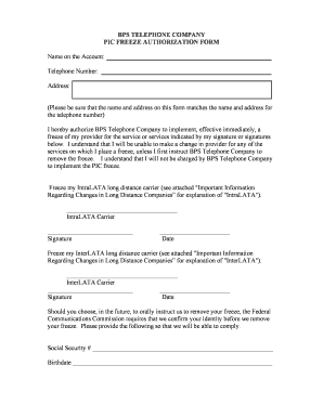 Fillable Online BPS TELEPHONE COMPANY PIC FREEZE AUTHORIZATION FORM Fax ...