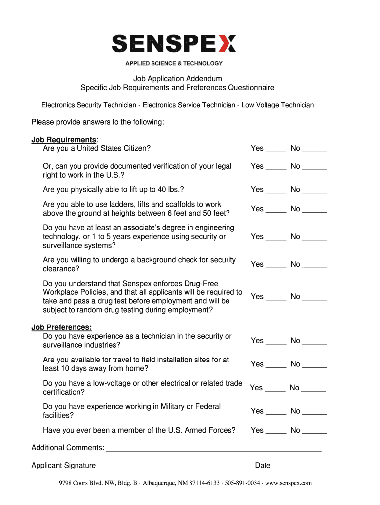 Fillable Online Job Application Addendum Specific Job Requirements ...