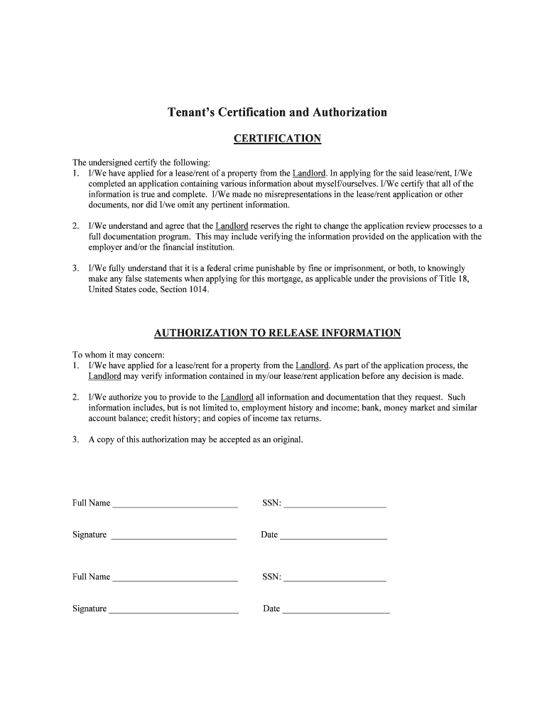 Fillable Online Tenants certification and authorizationdoc Fax Email ...