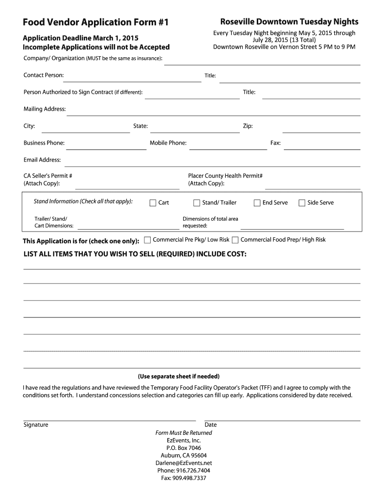 Fillable Online Food Vendor Application Form 1 Roseville Downtown ...