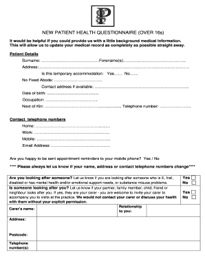 Fillable Online paddingtongreenhc nhs NEW PATIENT HEALTH QUESTIONNAIRE ...