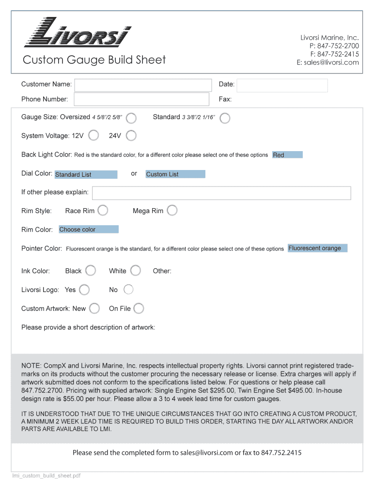 Fillable Online Custom Gauge Build Sheet E saleslivorsi Fax Email Print ...