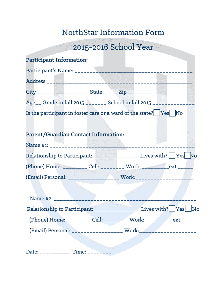 Fillable Online northstar360 NorthStar Information Form 2015-2016 ...