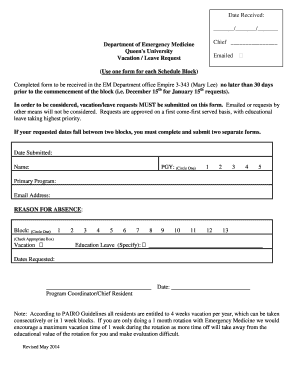 Fillable Online emergencymed queensu Guidelines for Vacation ...