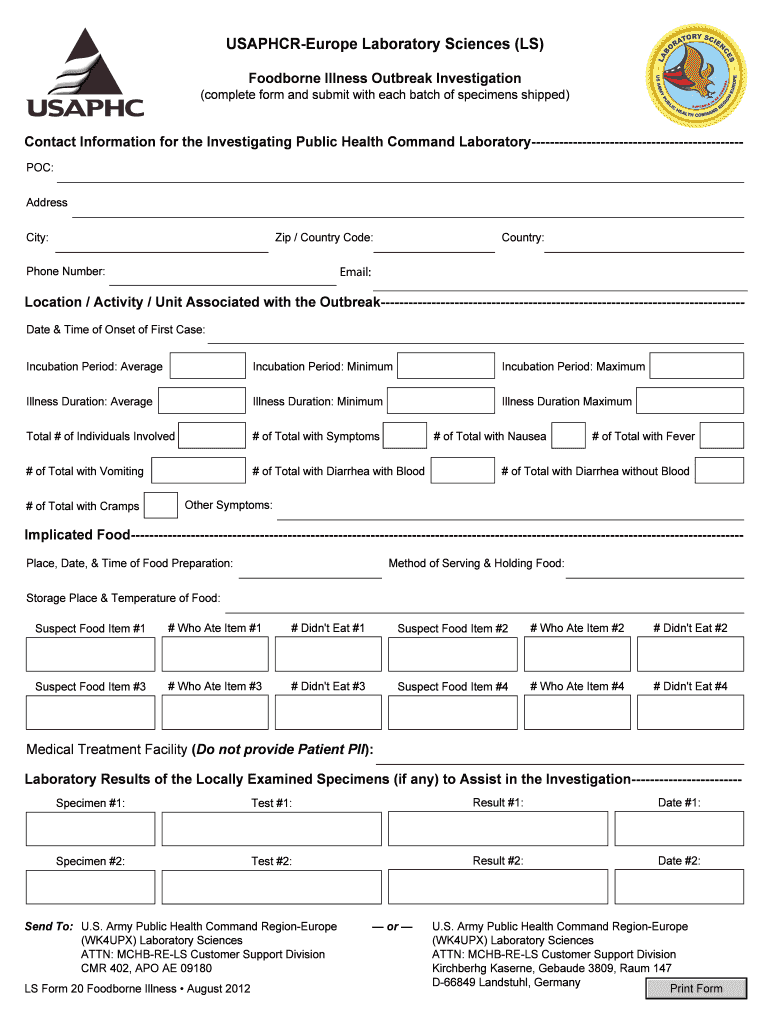 USAPHCR-Europe Foodborne Illness Outbreak Investigation Form - Blank ...