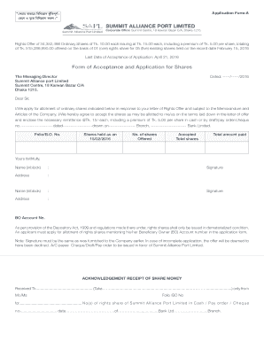 Fillable Online Form of Acceptance and Application for Shares Fax Email ...