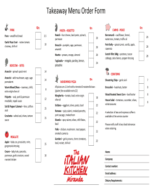 Fillable Online Takeaway Menu Order Form - The Italian Kitchen Miranda ...