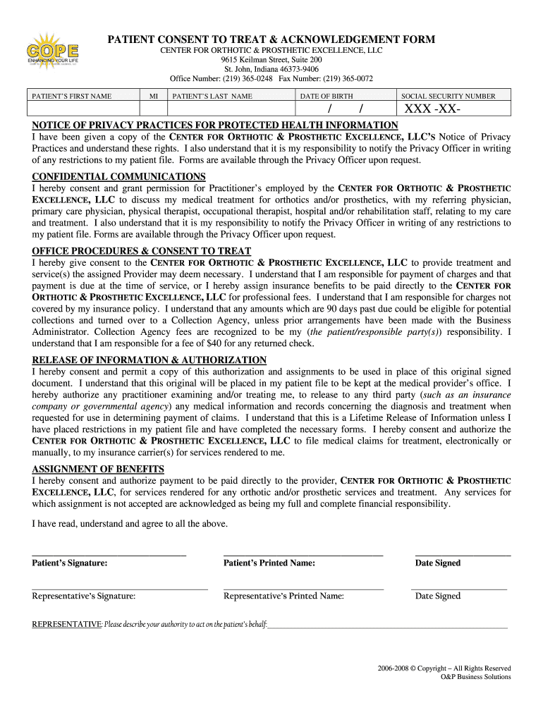 Fillable Online Patient Consent to Treat Authorization Form - COPE Fax Email Print - pdfFiller