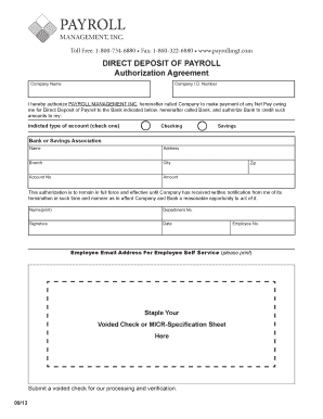 Fillable Online Direct Deposit of Payroll Authorization Agreement Fax ...