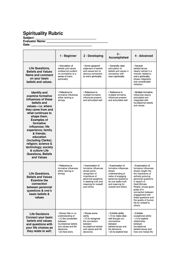 Fillable Online Spirituality Rubric Fax Email Print - pdfFiller