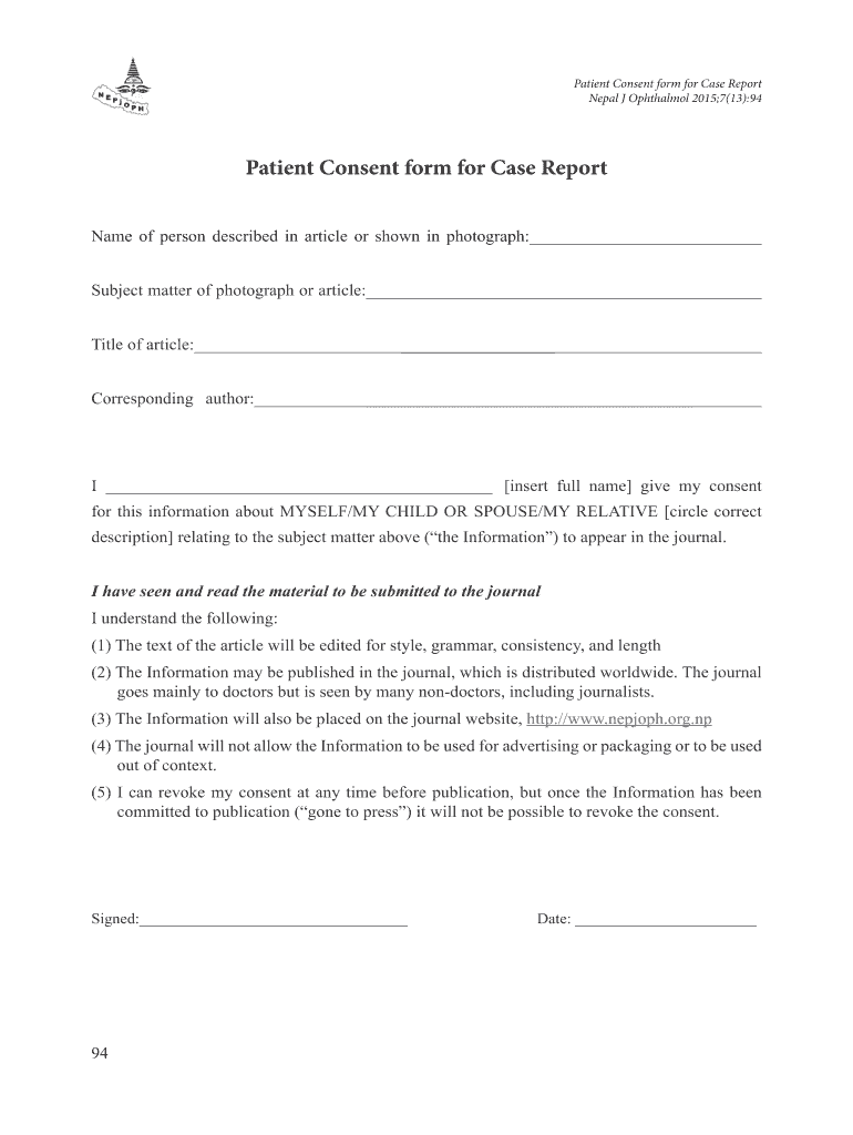 Fillable Online nepjoph org Patient Consent form for Case Report ...