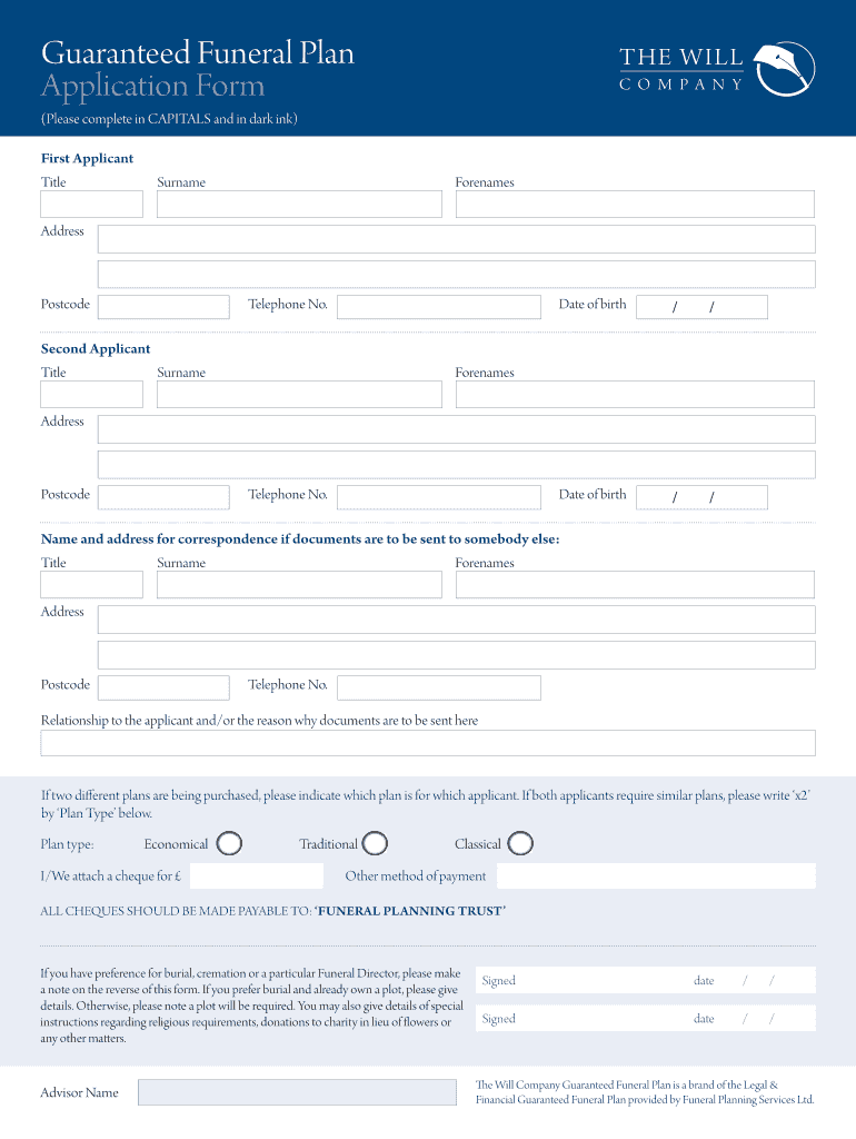Fillable Online Guaranteed Funeral Plan Application Form - The Will ...