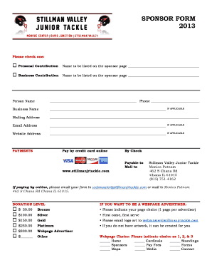 Fillable Online SPONSOR FORM 2013 Please check one: Personal ...