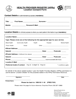 Fillable Online HEALTH PROVIDER REGISTRY HPRy Location Consent Form Fax ...