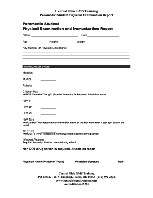 Fillable Online Central Ohio EMS Training Paramedic Student Physical ...
