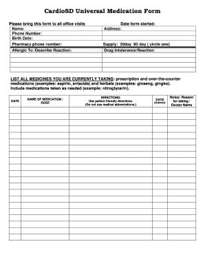 Fillable Online CardioSD Universal Medication Form Fax Email Print ...