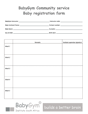 Fillable Online BabyGym Community service Baby registration form Fax ...