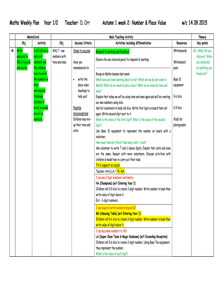 Fillable Online Maths Weekly Plan Fax Email Print - pdfFiller