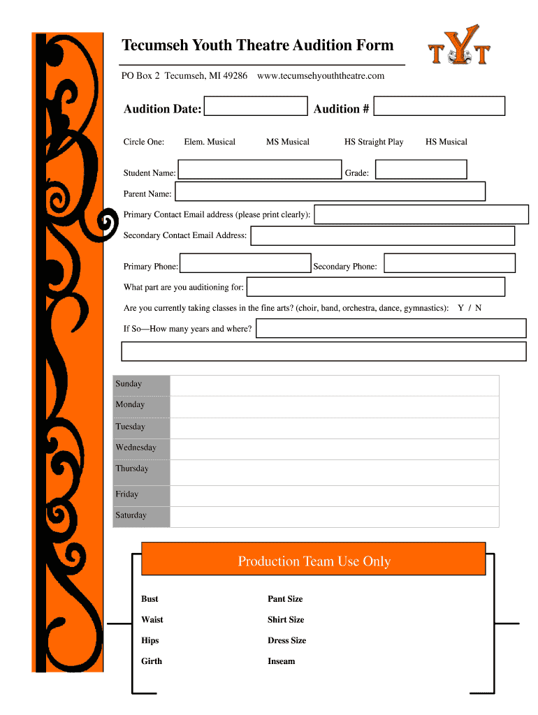 Fillable Online Tecumseh Youth Theatre Audition Form Fax Email Print ...