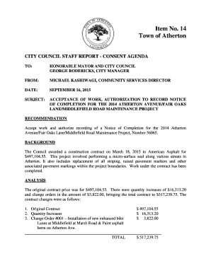 Fillable Online 14 Town of Atherton CITY COUNCIL STAFF REPORT CONSENT ...