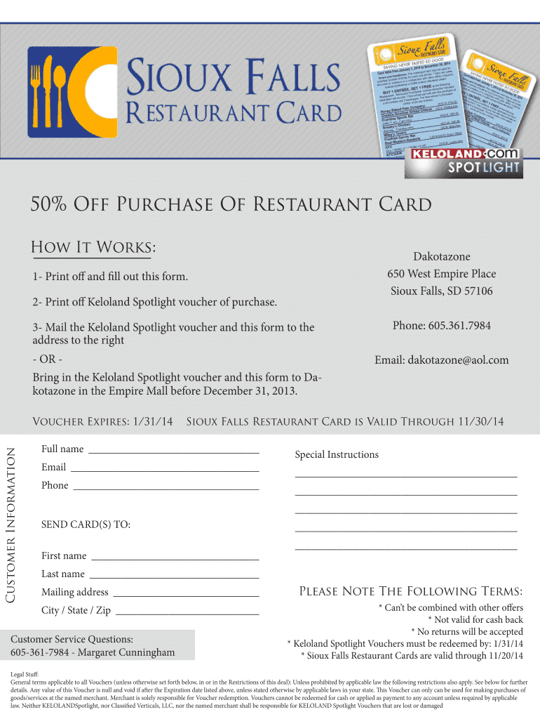 Fillable Online 50 Off bPurchaseb Of Restaurant Card - Sioux Falls ...