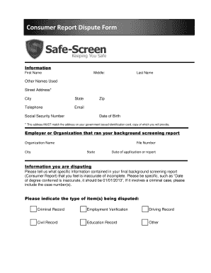 Fillable Online Consumer Report Dispute Form - bSafeb-bScreenb Fax ...