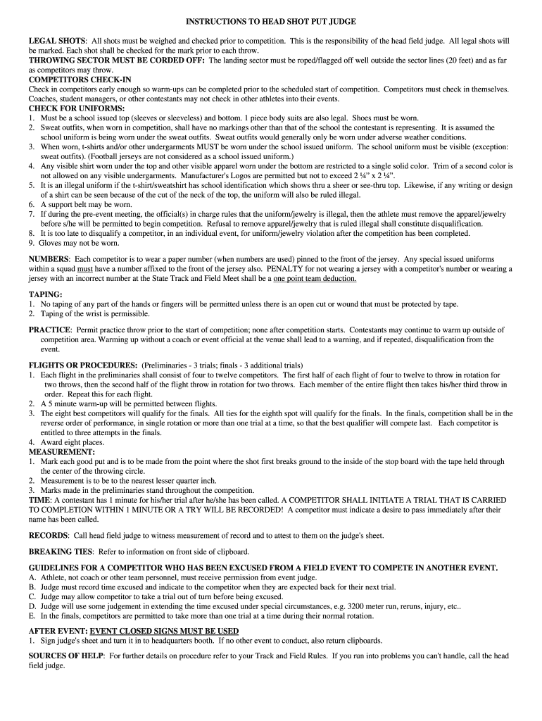 Fillable Online INSTRUCTIONS TO HEAD SHOT PUT JUDGE Fax Email Print ...