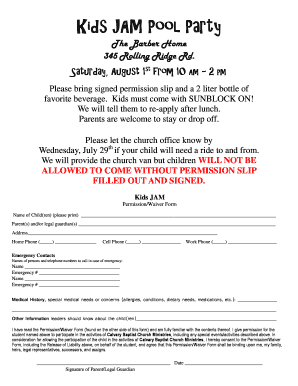 Fillable Online Kids JAM Pool Party - Calvary Baptist Church Fax Email ...