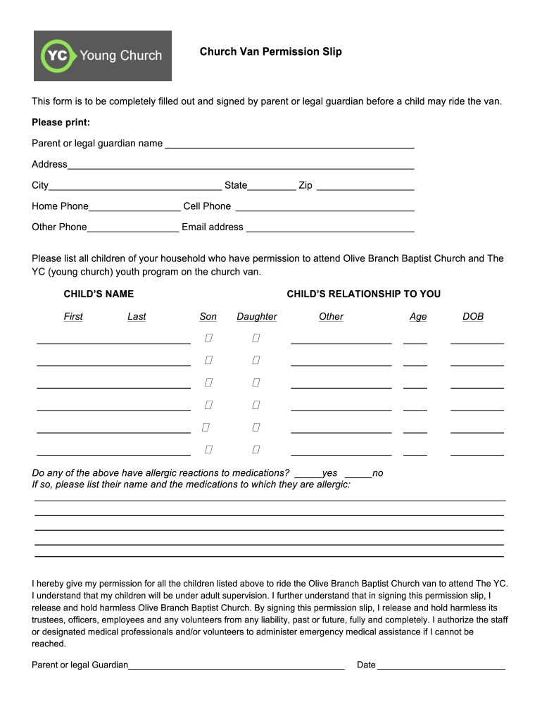 Free Printable Church Permission Slips