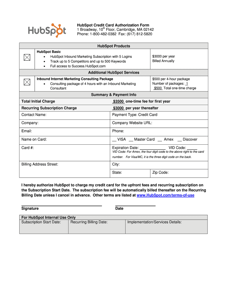 Fillable Online HubSpot Credit Card Authorization bForm 1b Broadway ...