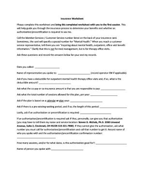 Fillable Online Insurance Worksheet Please complete this worksheet and ...